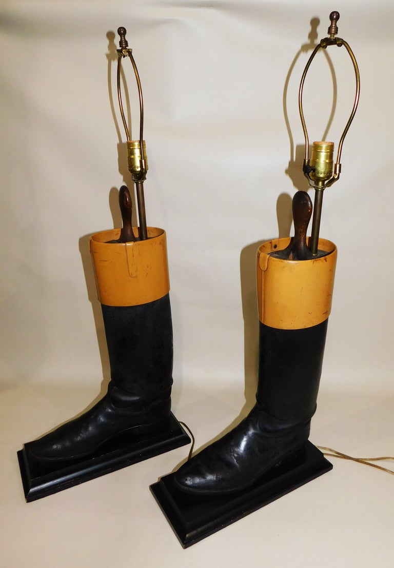 Pair of Early 1900s Leather Equestrian Riding Boot Table Lamps at 1stDibs