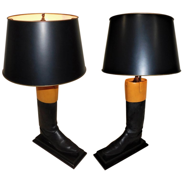 Pair of Early 1900s Leather Equestrian Riding Boot Table Lamps at 1stDibs