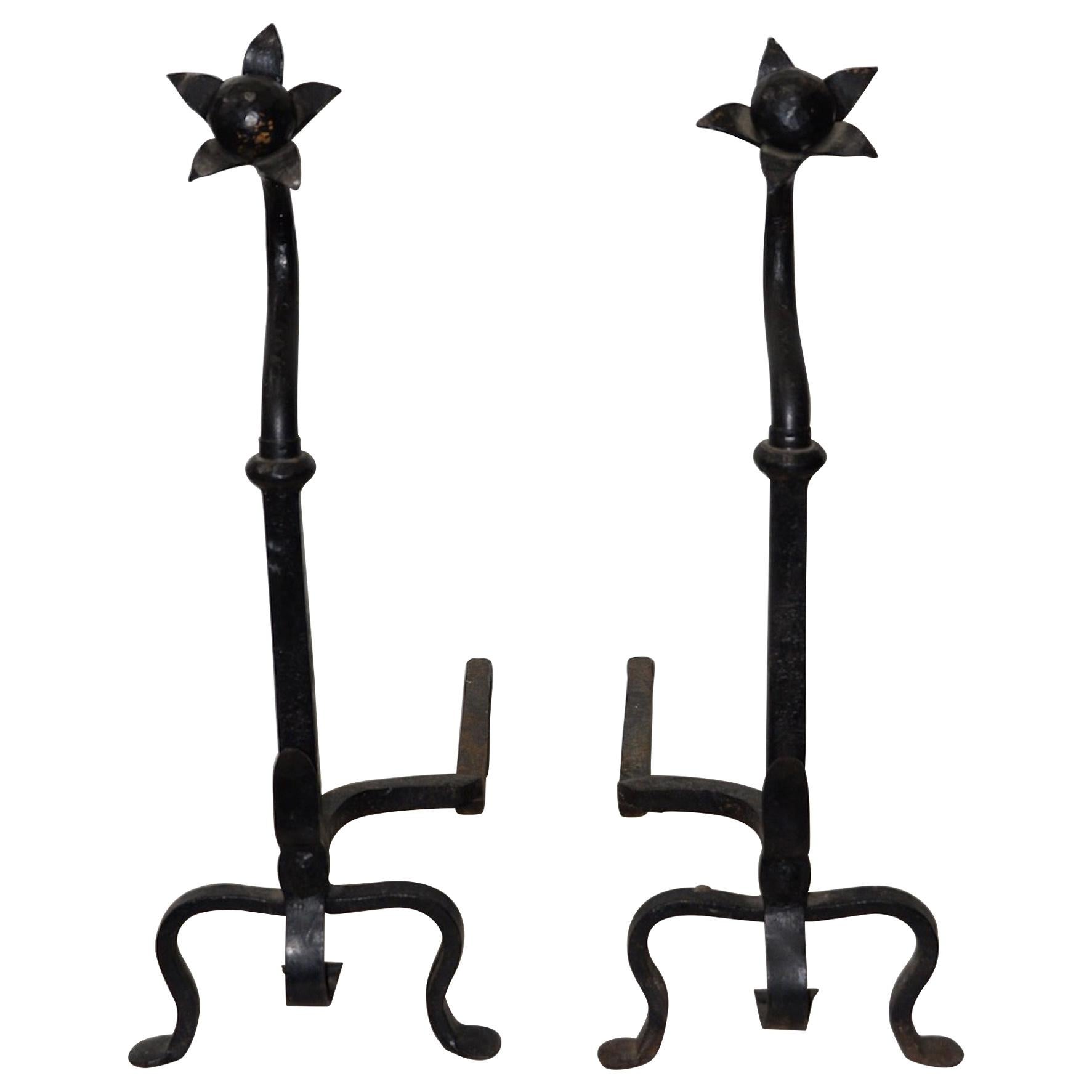 Pair of Early 19th Century Hand Forged Sunflower Andirons at 1stDibs