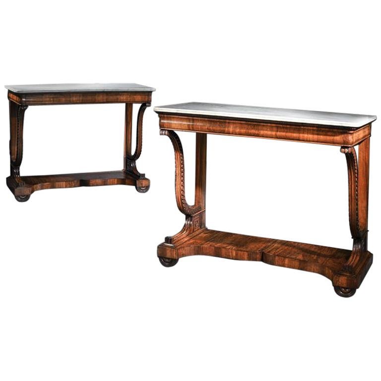 Pair of Early 19th Century Italian Walnut and Marble Top Console Tables ...
