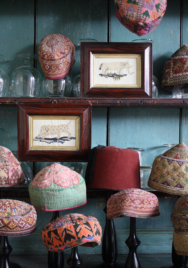 Pair of Early 19th Century Silk Embroidery Folk Art Animals Elephant ...