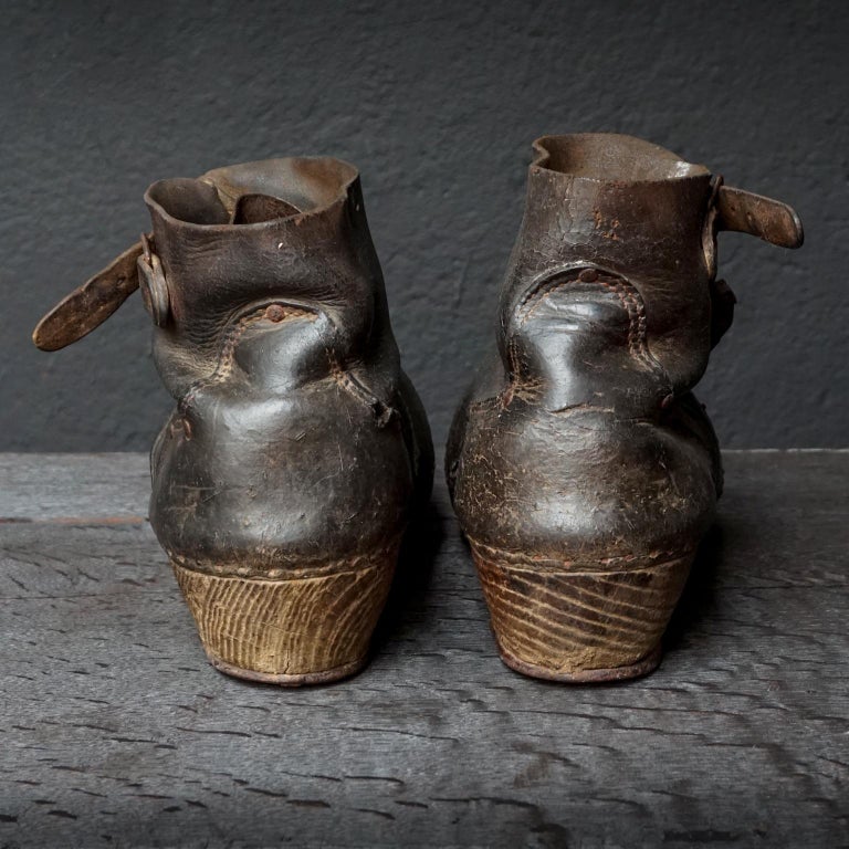 Pair of Early 20th Century Wood and Leather Clogs or Sabots Bois at 1stDibs
