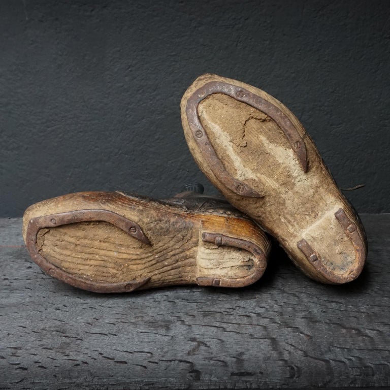 Pair of Early 20th Century Wood and Leather Clogs or Sabots Bois at 1stDibs