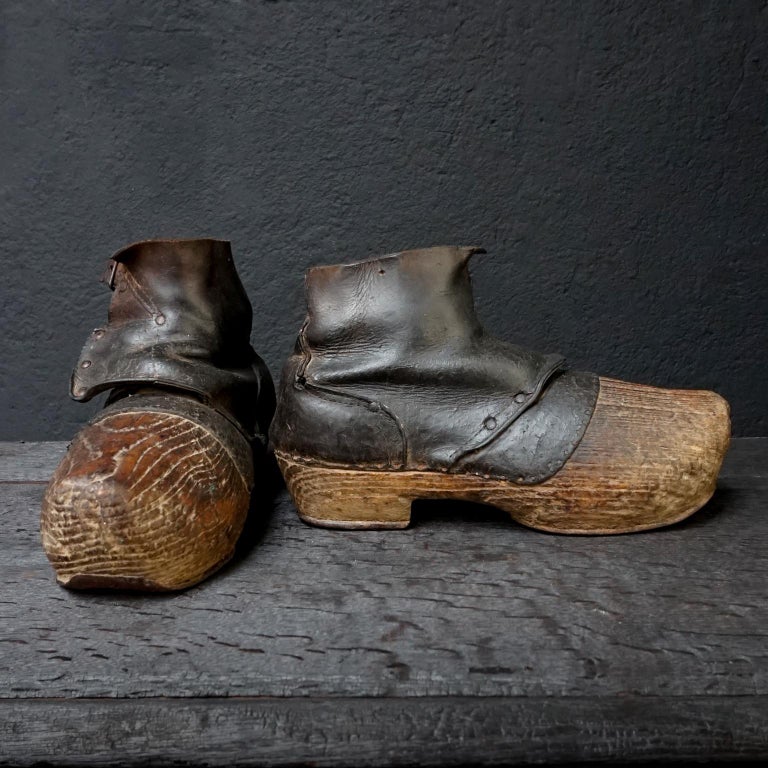 Pair of Early 20th Century Wood and Leather Clogs or Sabots Bois at 1stDibs