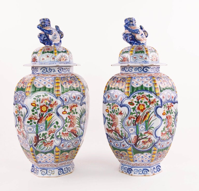 Pair of Early 20th Century Antique Delft Polychrome Vases with Covers ...