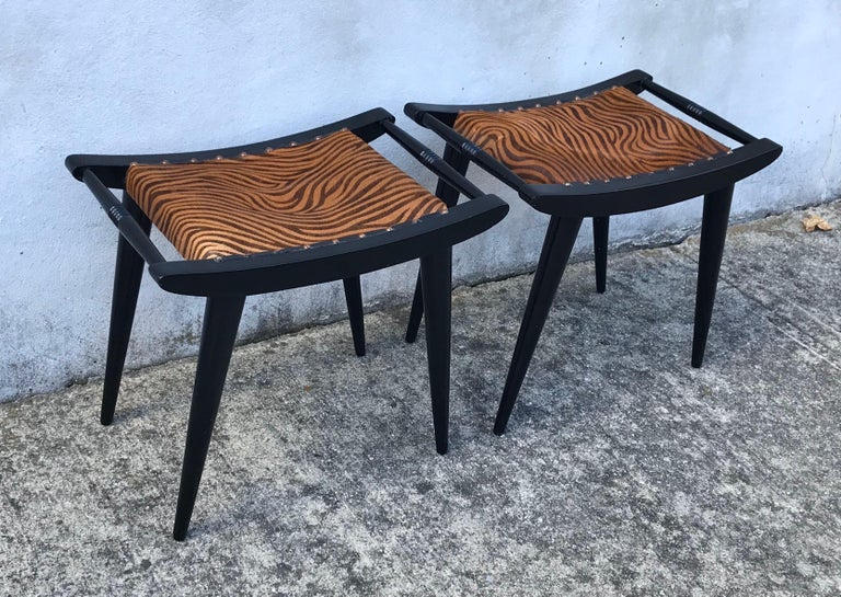 Pair of Art Deco Black Lacquered Zebra Printed Calf Hair Side Stools ...
