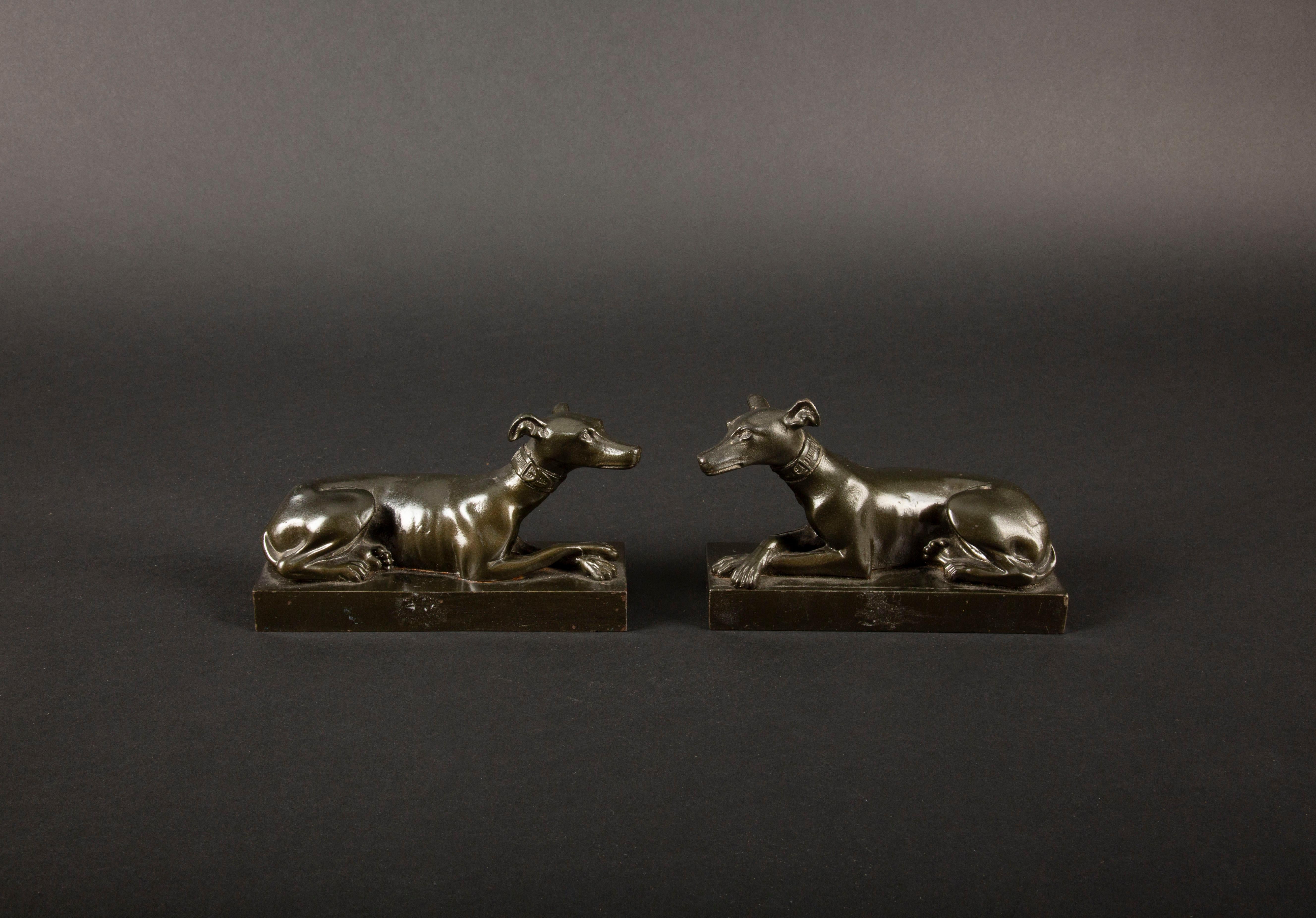 Pair of Early 20th Century Bronze Reclining Greyhounds For Sale at 1stDibs