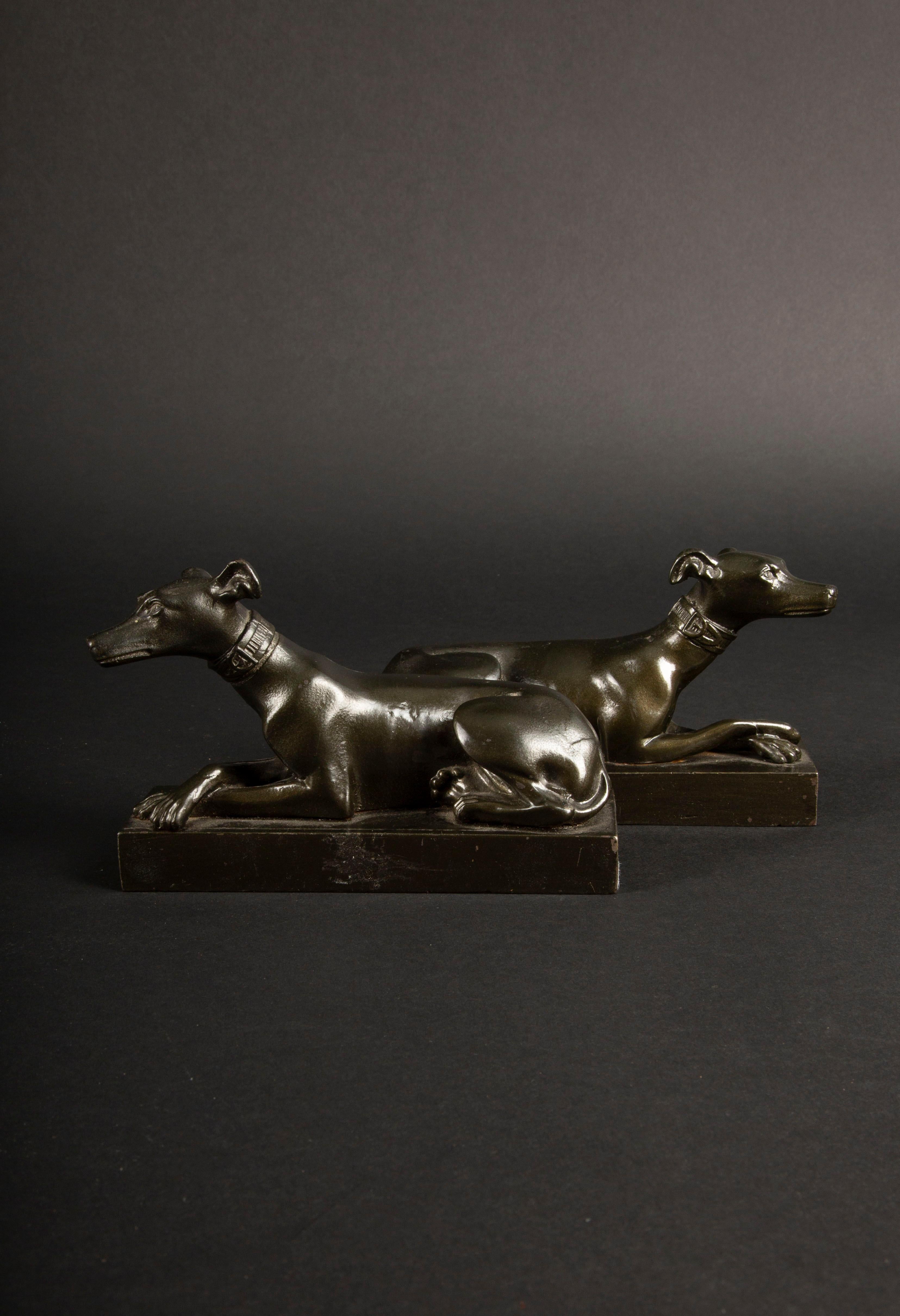 Pair of Early 20th Century Bronze Reclining Greyhounds For Sale at 1stDibs