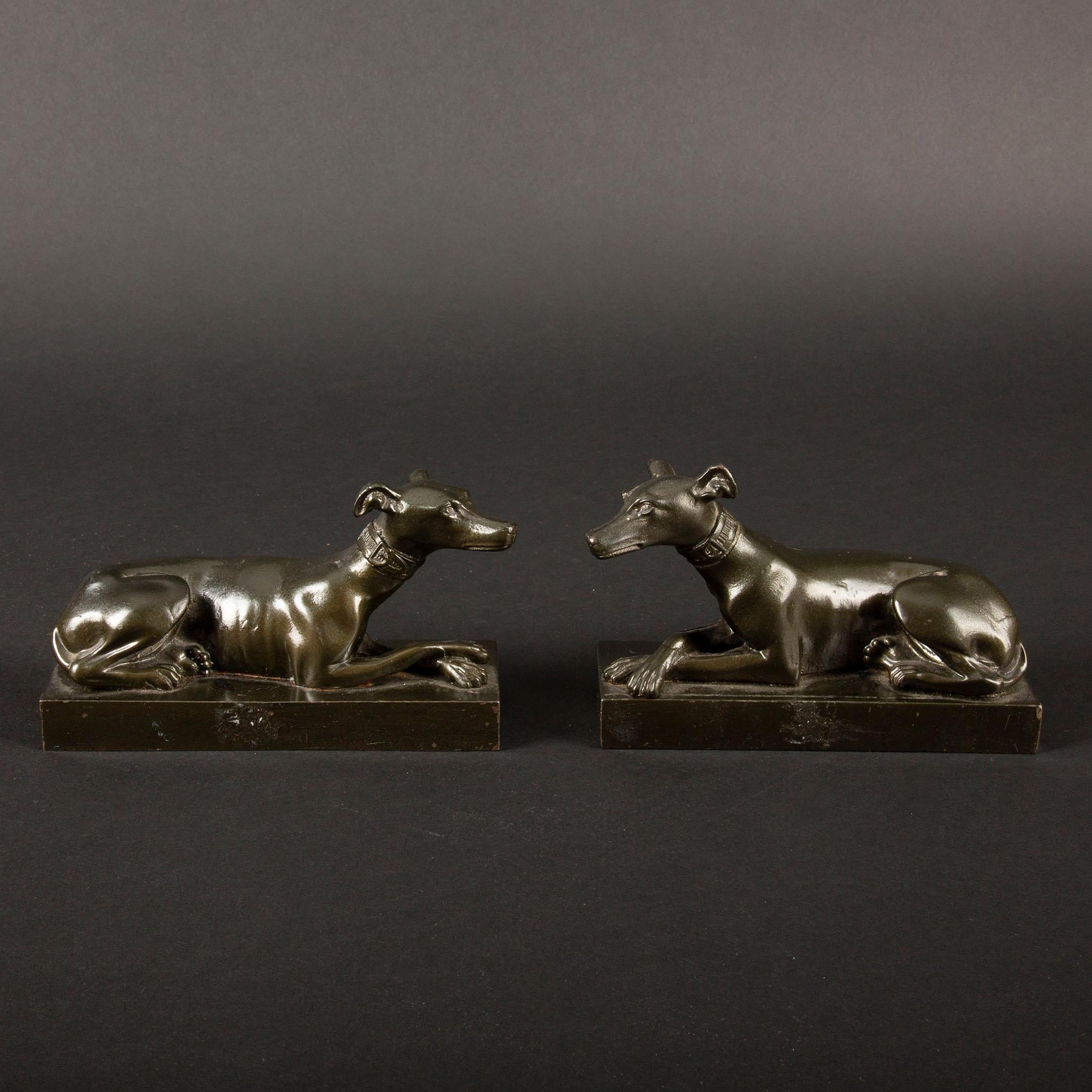 Pair of Early 20th Century Bronze Reclining Greyhounds For Sale at 1stDibs