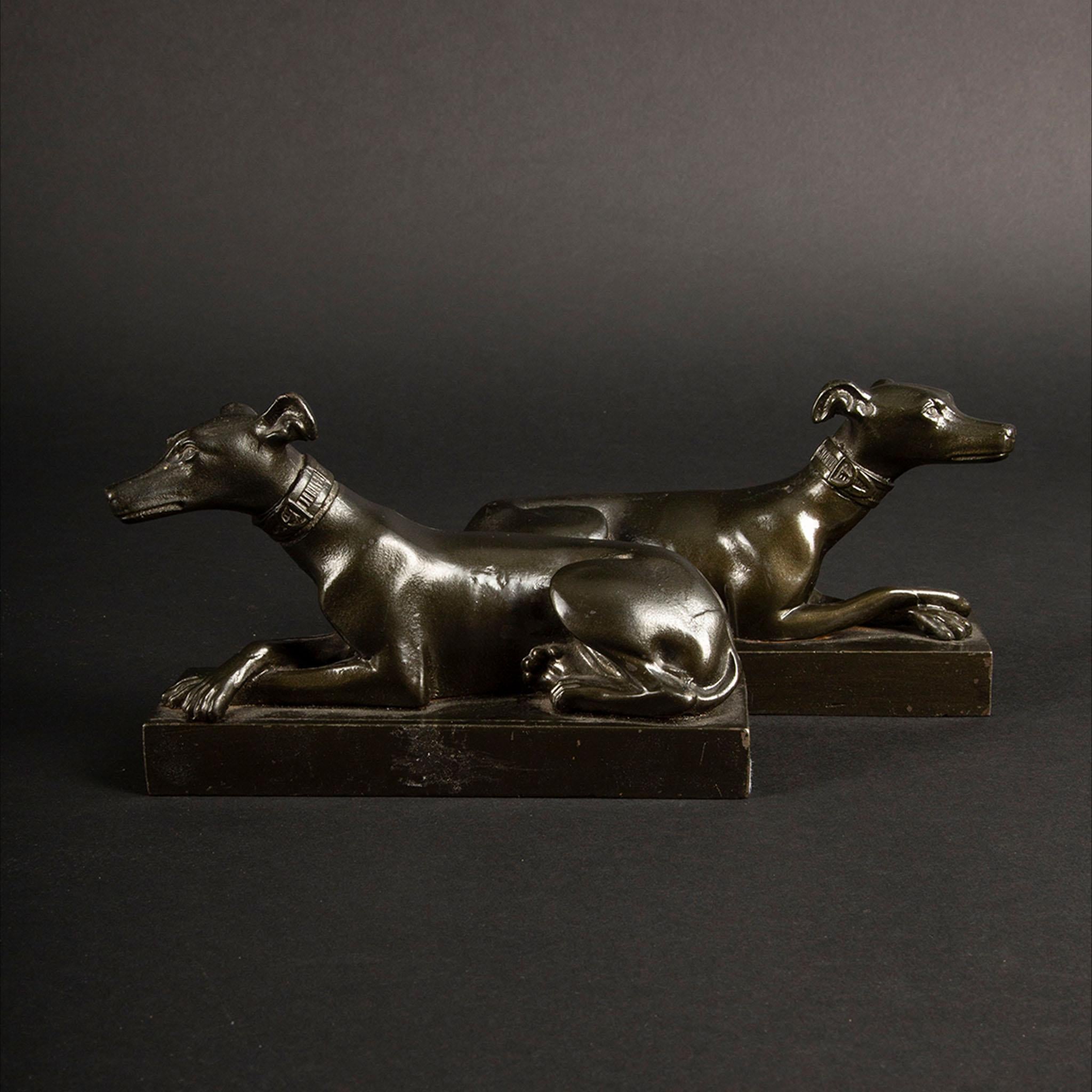 Pair of Early 20th Century Bronze Reclining Greyhounds For Sale at 1stDibs