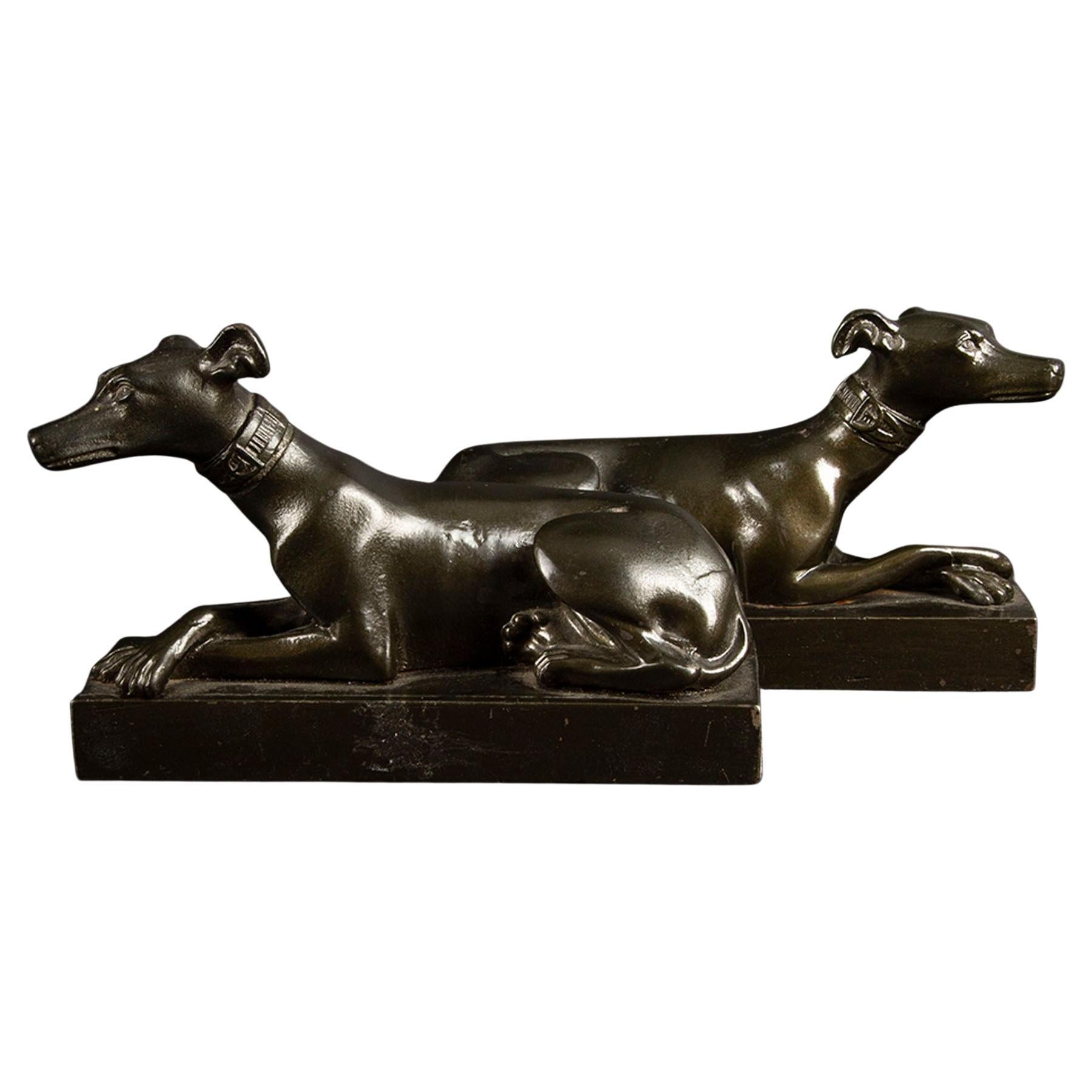 Pair of Early 20th Century Bronze Reclining Greyhounds For Sale at 1stDibs