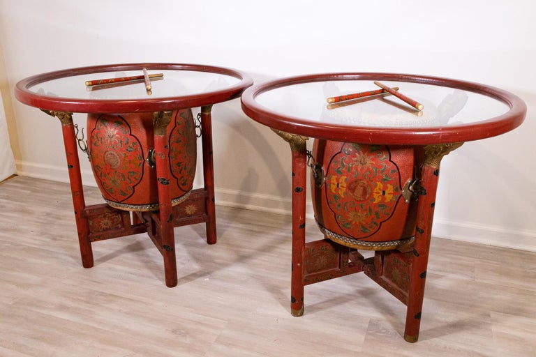 Pair of Early 20th Century Chinese Polychrome Gilt Decorated Red Drum ...