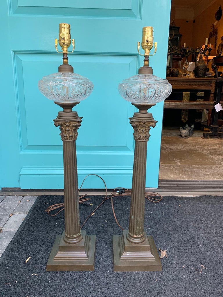 Pair of Early 20th Century Fluted Column Lamps with Crystal Oil Font ...