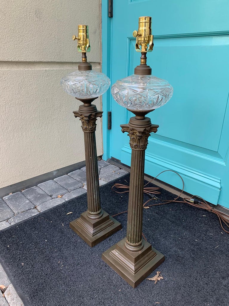 Pair of Early 20th Century Fluted Column Lamps with Crystal Oil Font ...