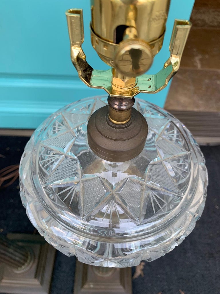 Pair of Early 20th Century Fluted Column Lamps with Crystal Oil Font ...