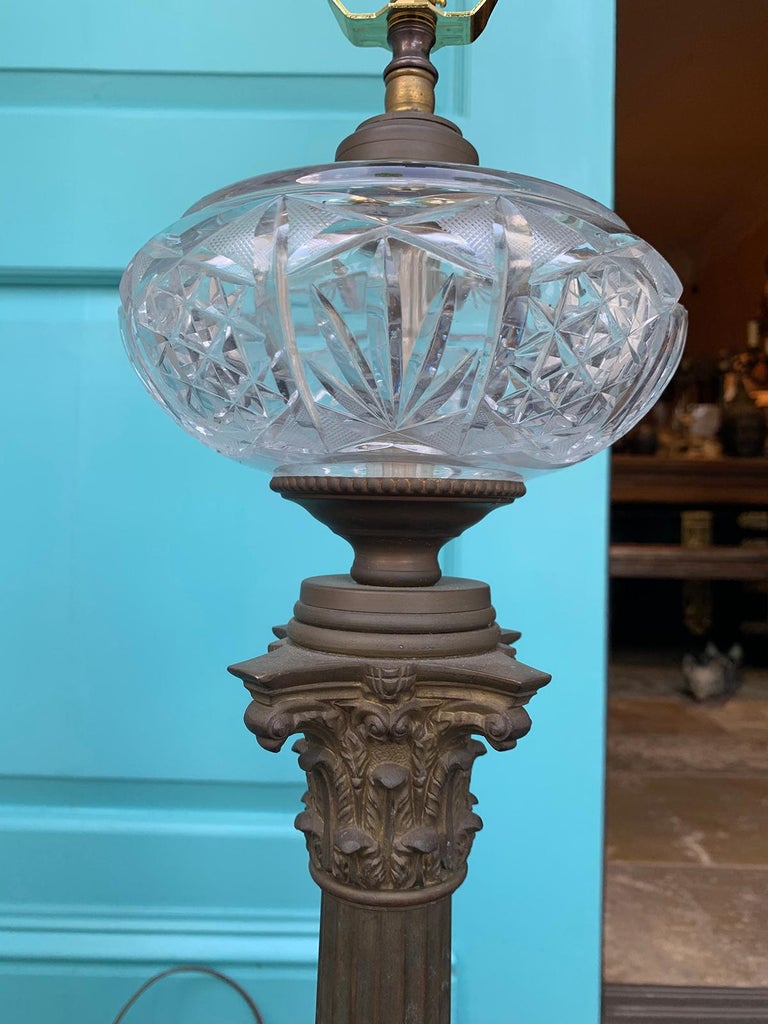 Pair of Early 20th Century Fluted Column Lamps with Crystal Oil Font ...