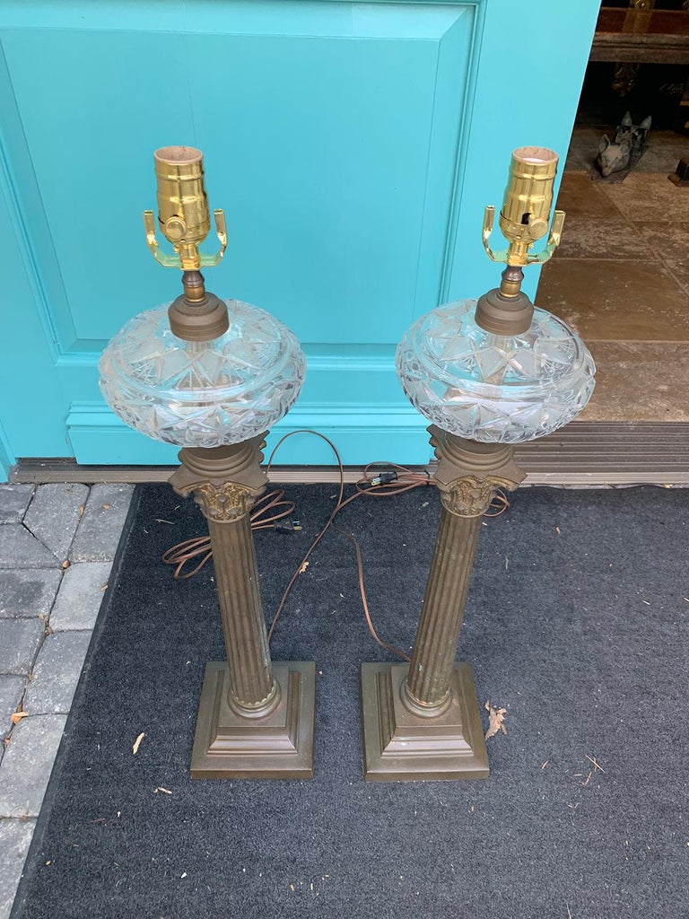 Pair of Early 20th Century Fluted Column Lamps with Crystal Oil Font ...