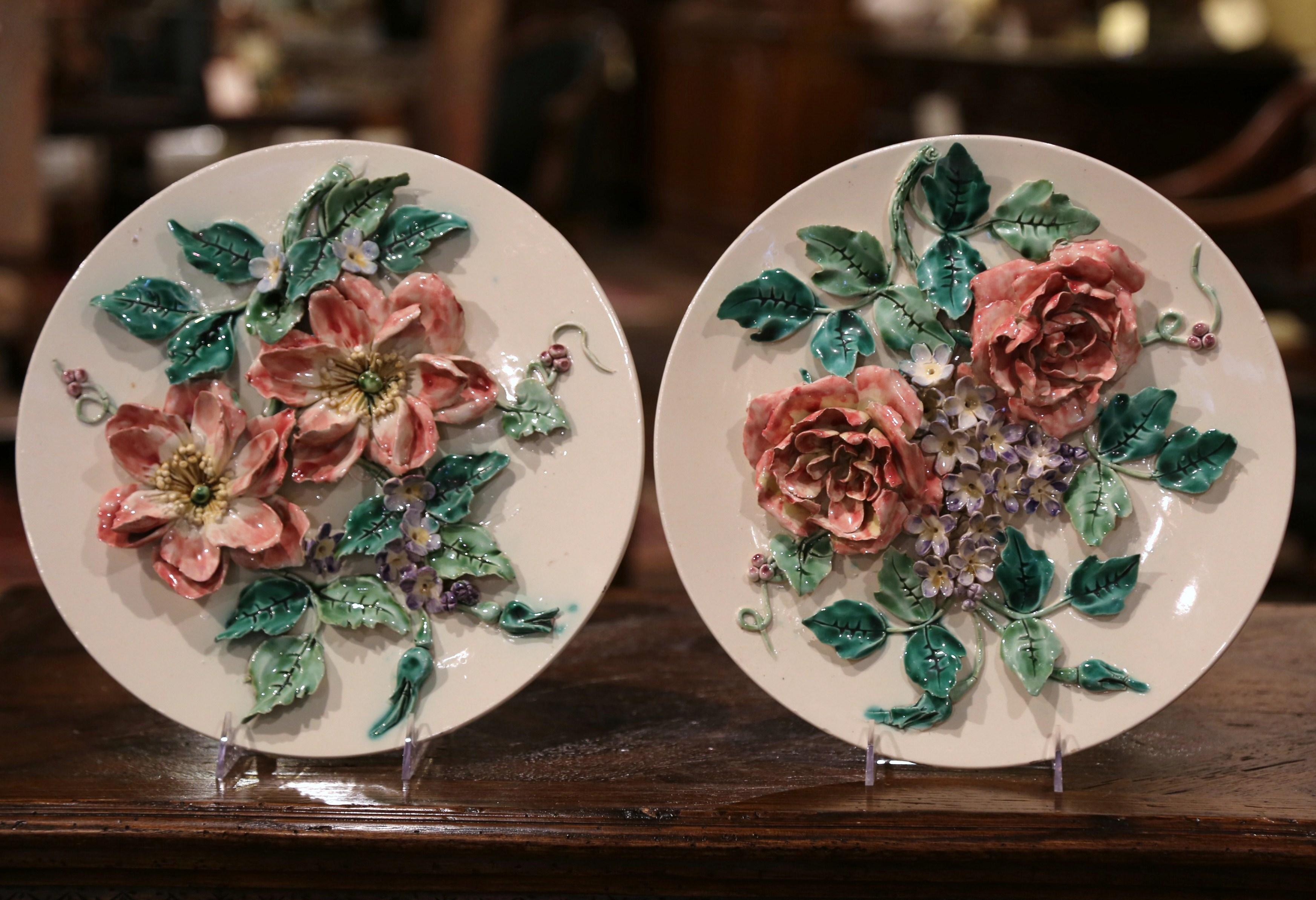 Pair of Early 20th Century French Hand Painted Ceramic Barbotine Wall ...