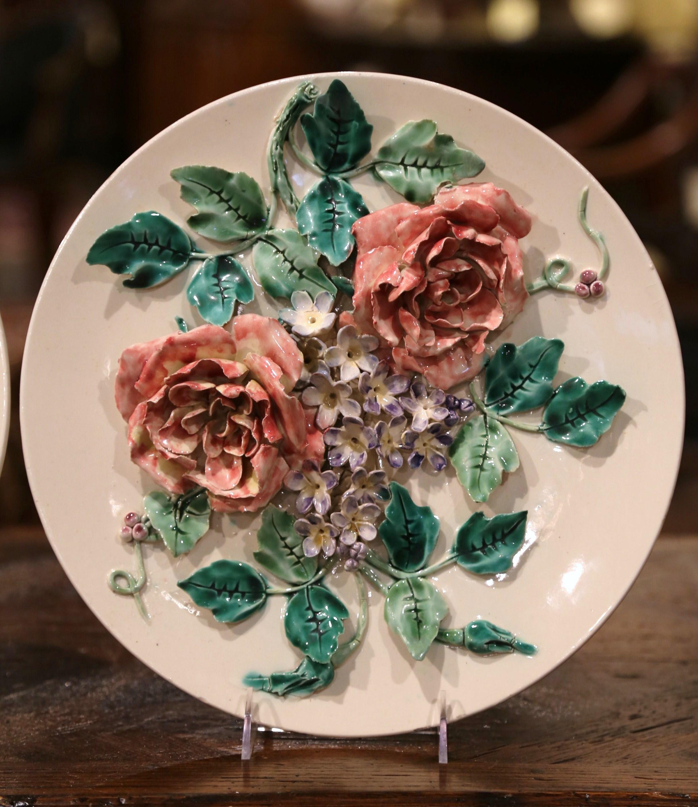 Pair of Early 20th Century French Hand Painted Ceramic Barbotine Wall ...