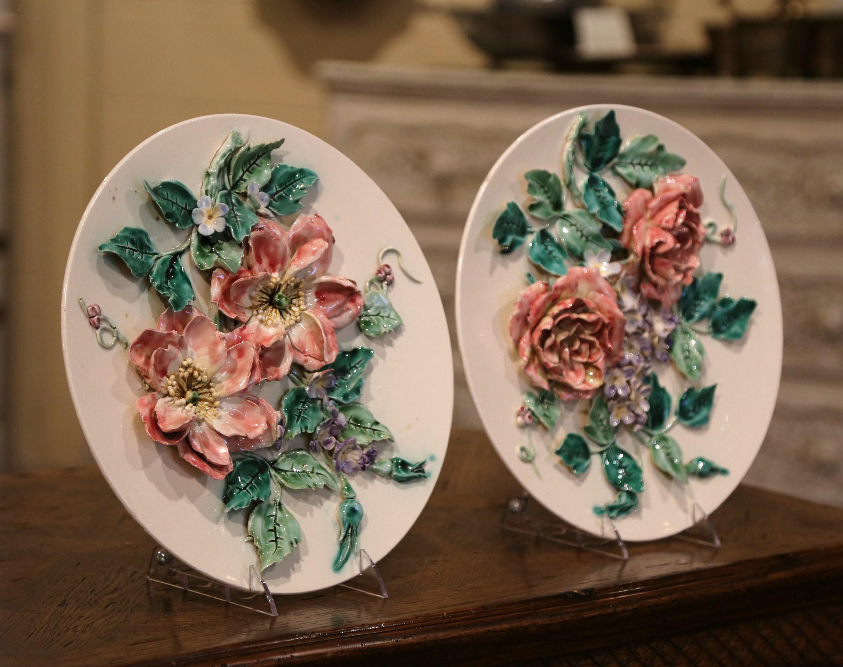 Pair of Early 20th Century French Hand Painted Ceramic Barbotine Wall ...