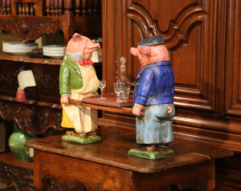 Pair of Early 20th Century French Hand Painted Ceramic Pig Sculptures ...
