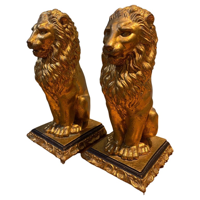 Pair of Early 20th Century Gilt Finish Seated Lion Bookends at 1stDibs