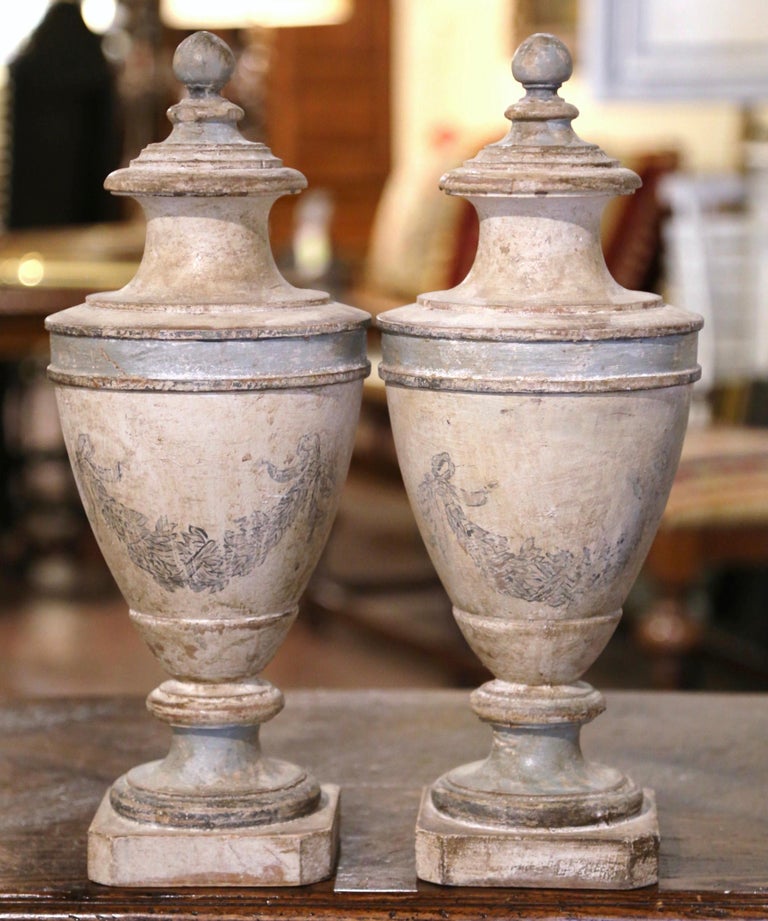 Pair of Early 20th Century Italian Hand Carved Oak and Painted Urns ...