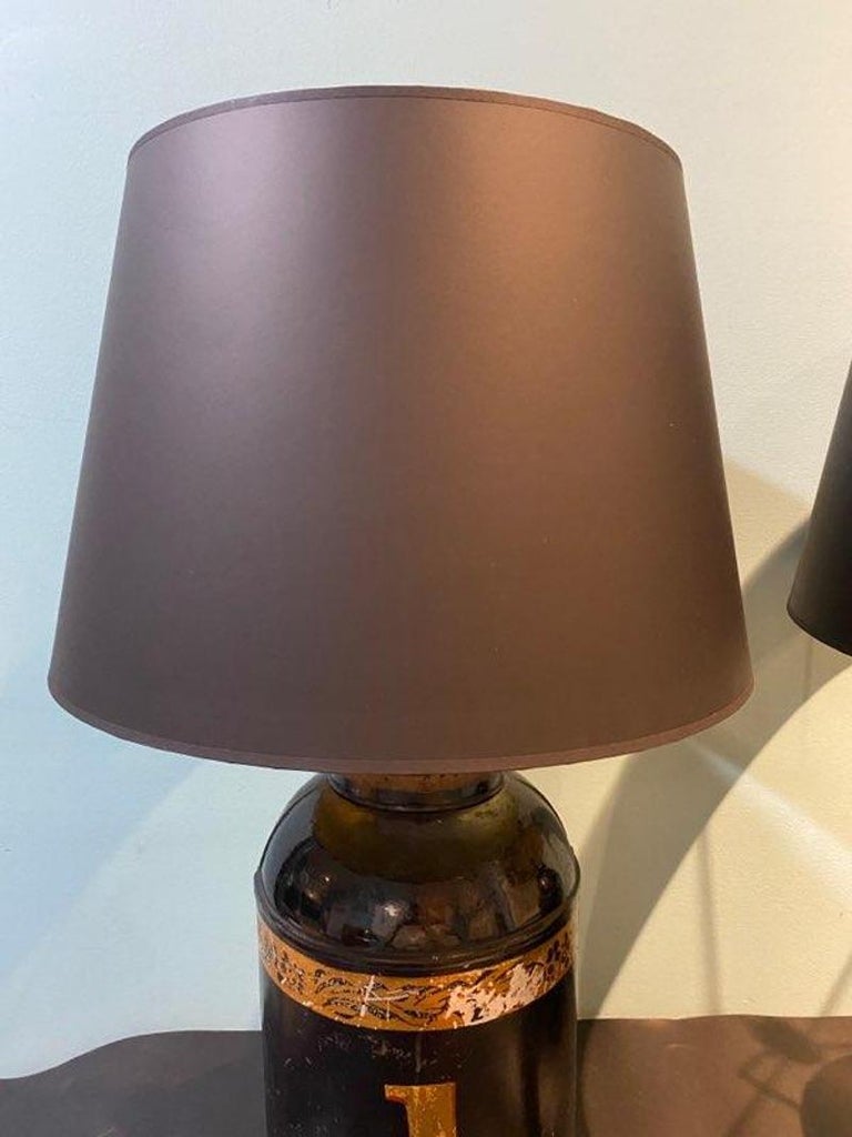 Pair of Early 20th Century Folk Art Tole Peinte Lamps with Black Shades ...