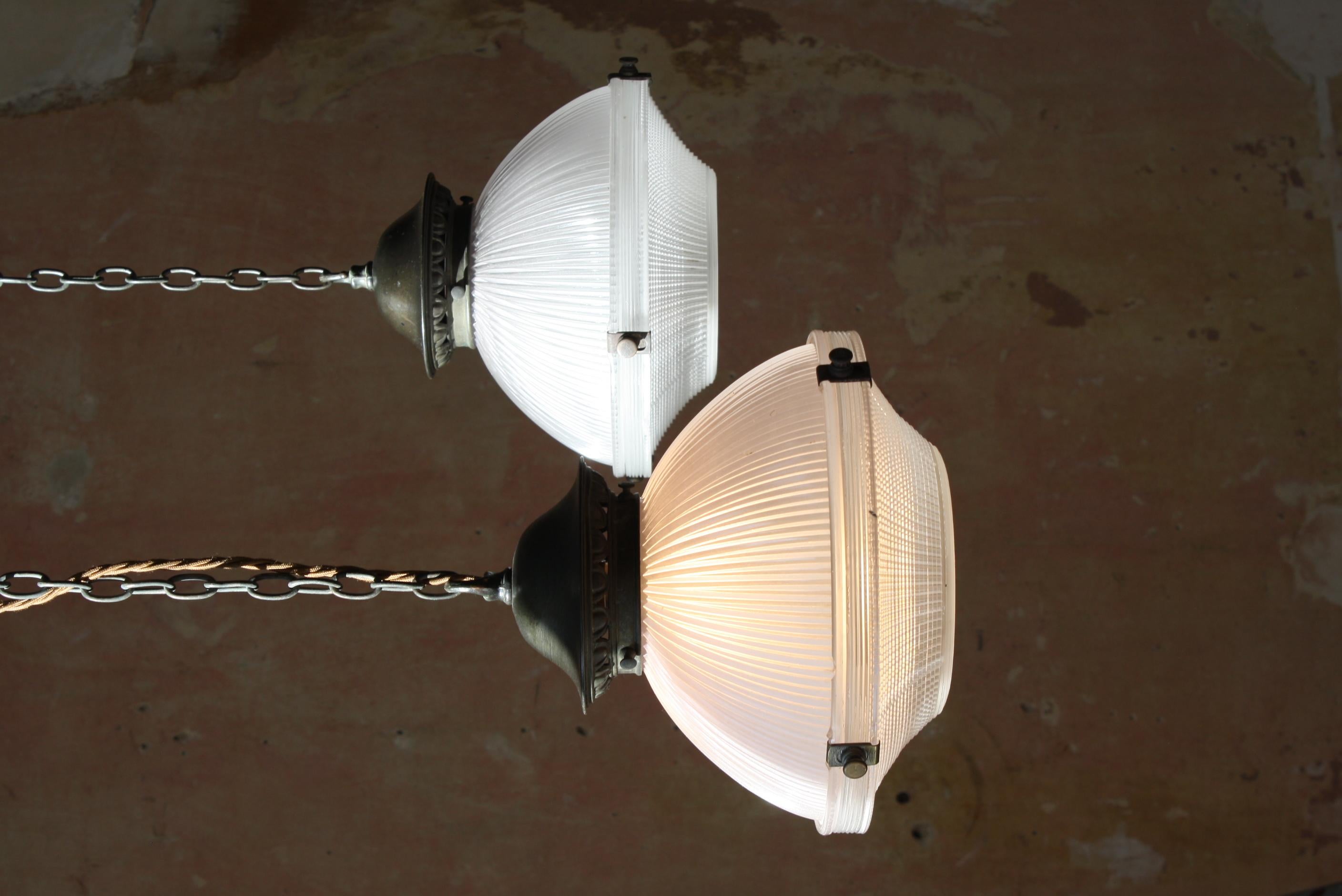 Pair of Early 20th Century Two Part Prismatic Holophane Pendants at 1stDibs