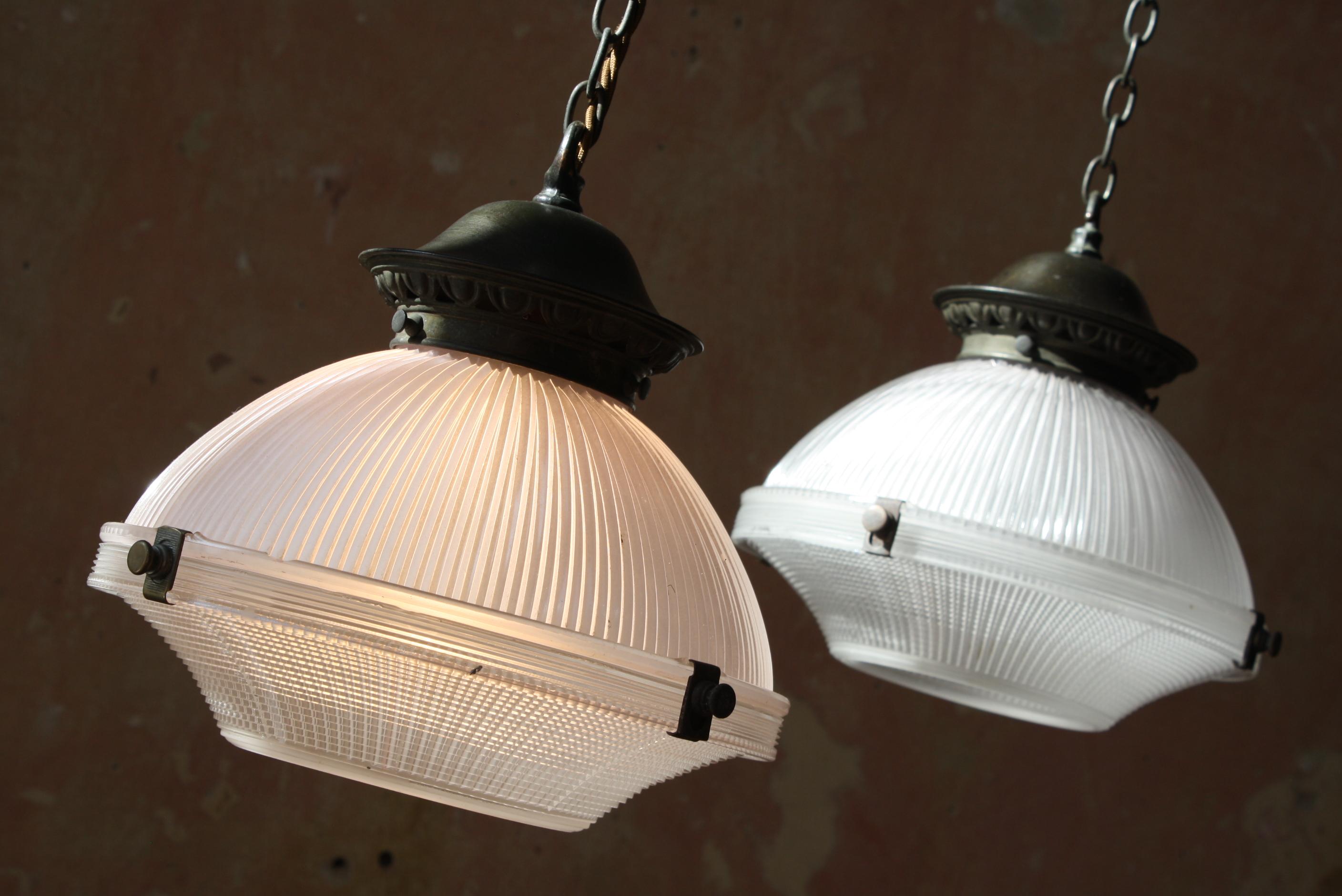 Pair of Early 20th Century Two Part Prismatic Holophane Pendants at 1stDibs