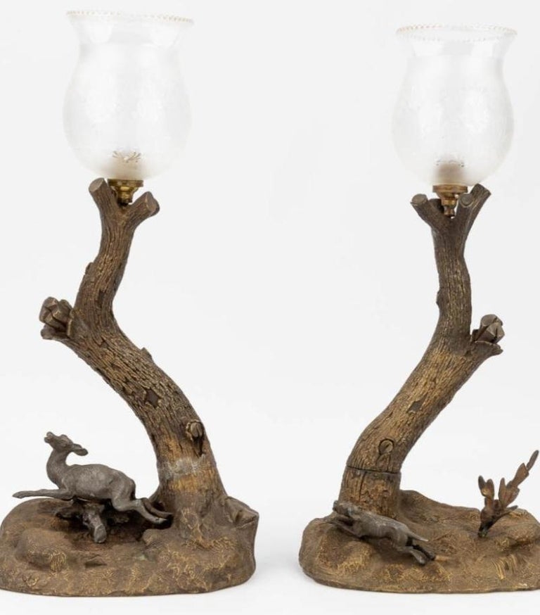 Pair of Early 20th Century Venetian Bronze and Glass Lamps Depicting ...