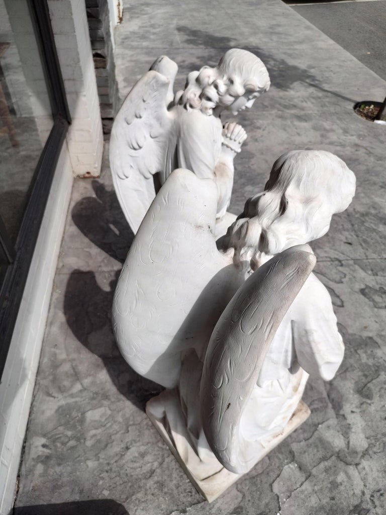 Pair of Early 20thC Hand Carved Carrara Marble Guardian Angels Praying ...