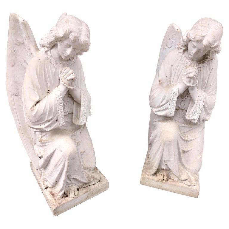 Pair of Early 20thC Hand Carved Carrara Marble Guardian Angels Praying ...