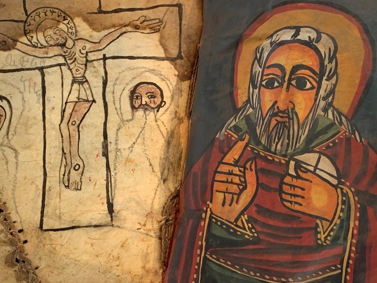 Pair of Early Wood Bound Hand Decorated Coptic Religious Books at 1stDibs