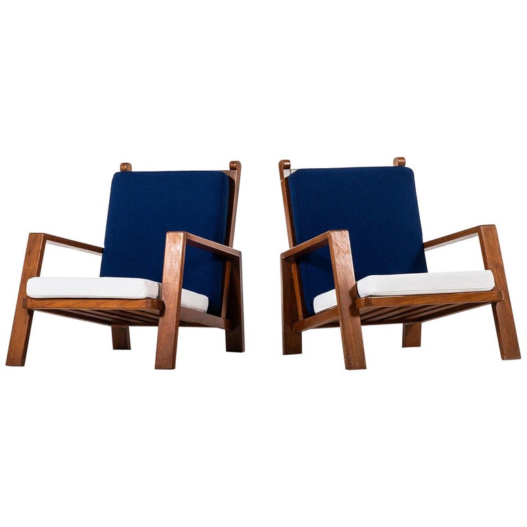 Pair of Easy Chairs in Mahogany and New Wool Fabric at 1stDibs