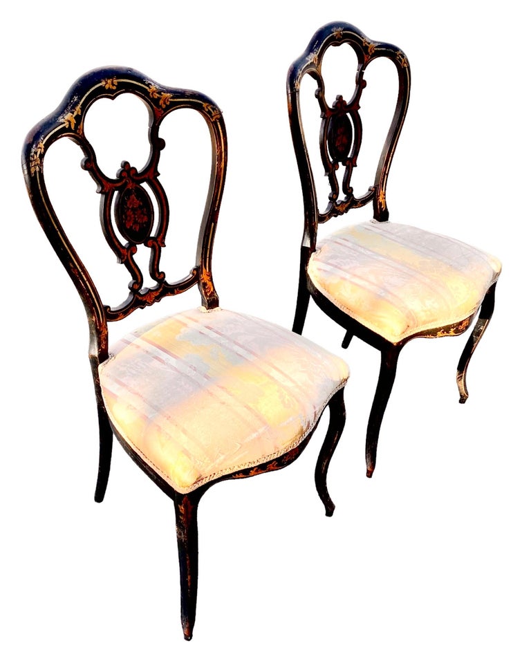 Pair of Ebonized Hand Painted Napoleon III Chairs For Sale at 1stDibs
