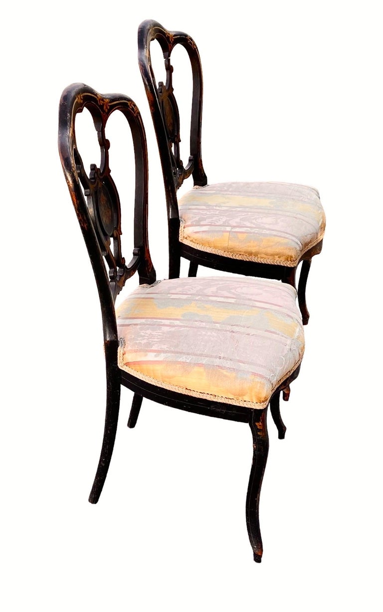 Pair of Ebonized Hand Painted Napoleon III Chairs For Sale at 1stDibs