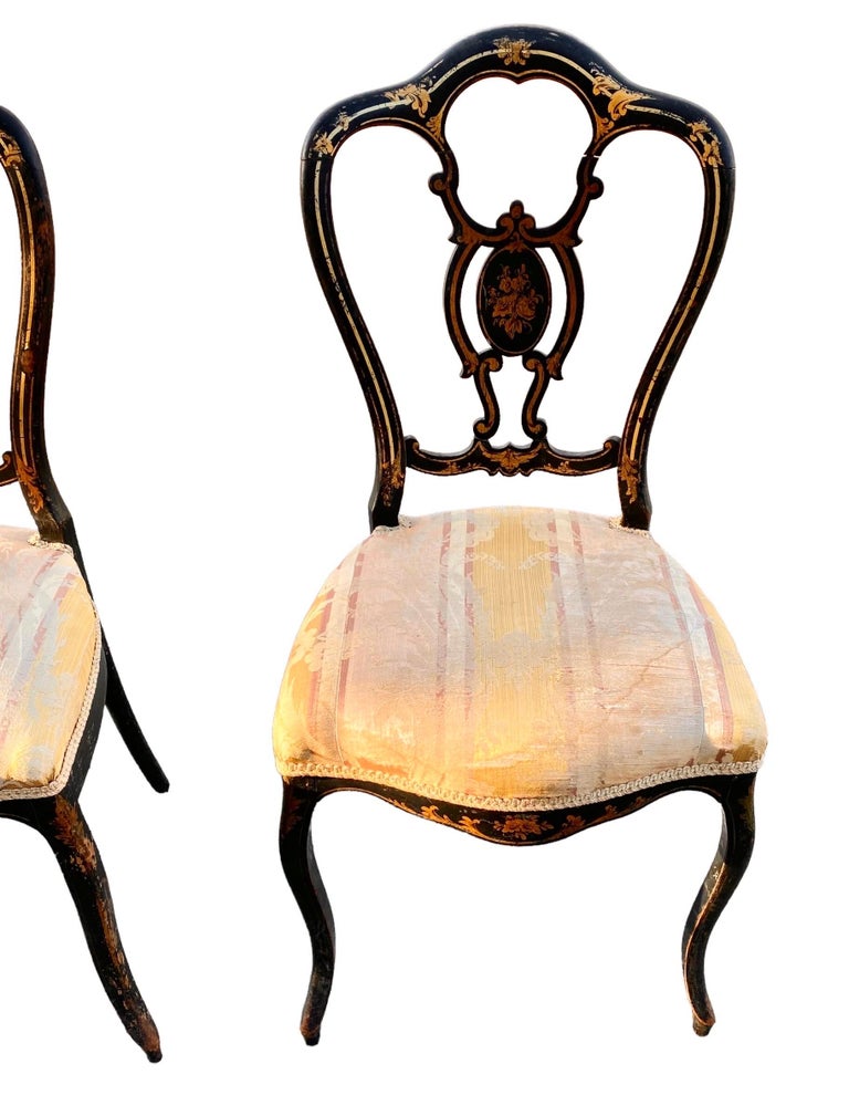 Pair of Ebonized Hand Painted Napoleon III Chairs For Sale at 1stDibs