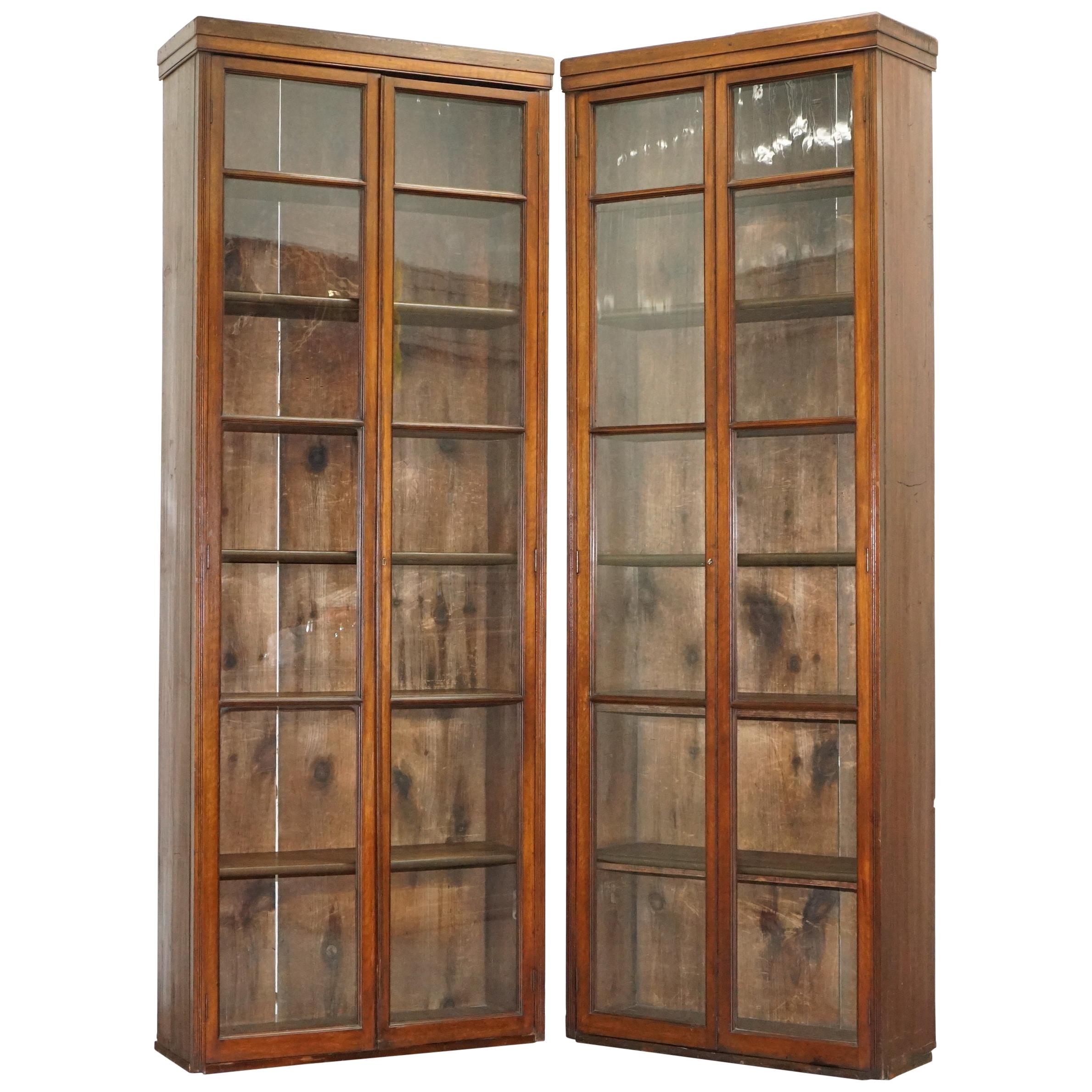 Pair of Edwardian Walnut Full Length Tall Library Exhibition Bookcases ...