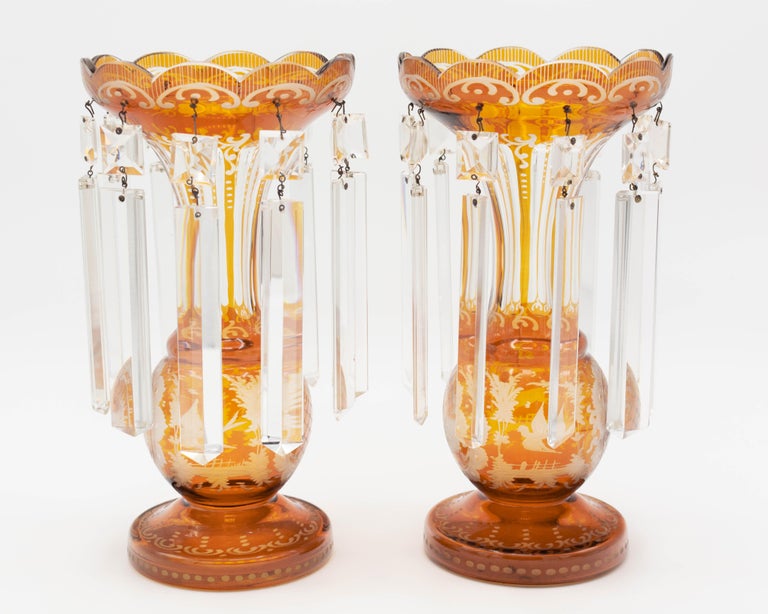 Pair of Egermann Bohemian Amber Etched Glass Mantle Lusters For Sale at ...