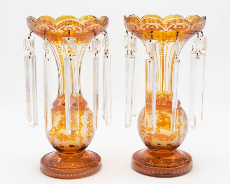 Pair of Egermann Bohemian Amber Etched Glass Mantle Lusters For Sale at 1stDibs