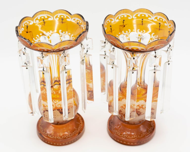 Pair of Egermann Bohemian Amber Etched Glass Mantle Lusters For Sale at 1stDibs
