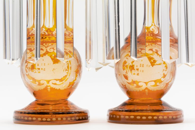 Pair of Egermann Bohemian Amber Etched Glass Mantle Lusters For Sale at 1stDibs