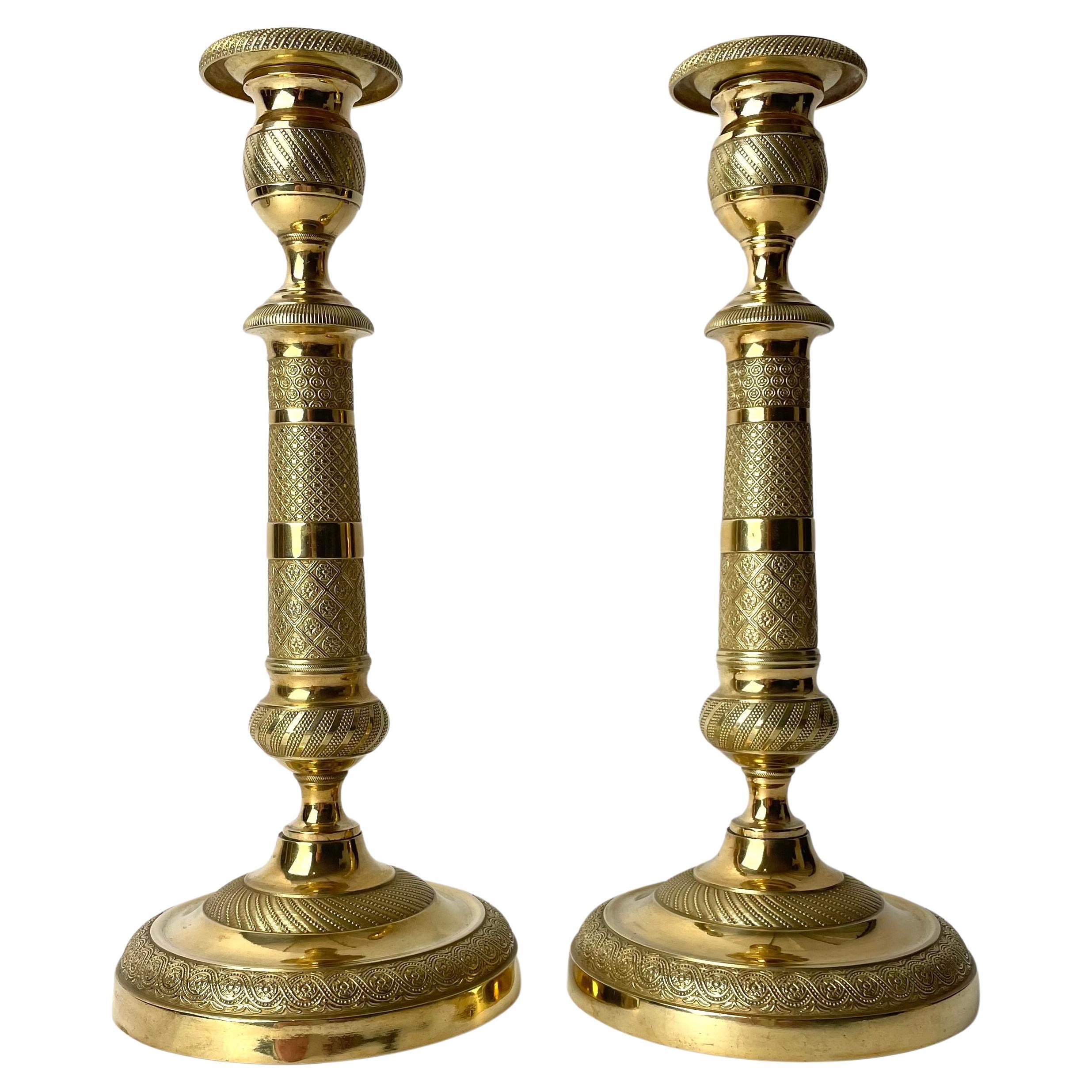 Elegant pair of Empire Candlesticks in gilt bronze from the 1810s. For ...