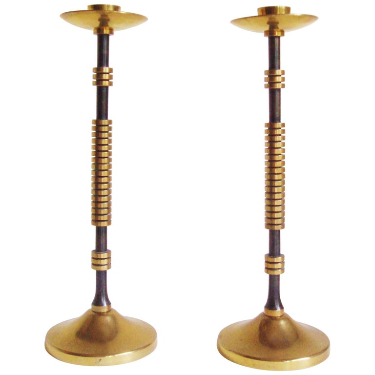 Pair of Elegant, Petite French Art Deco/Machine Age Brass and Enamel ...