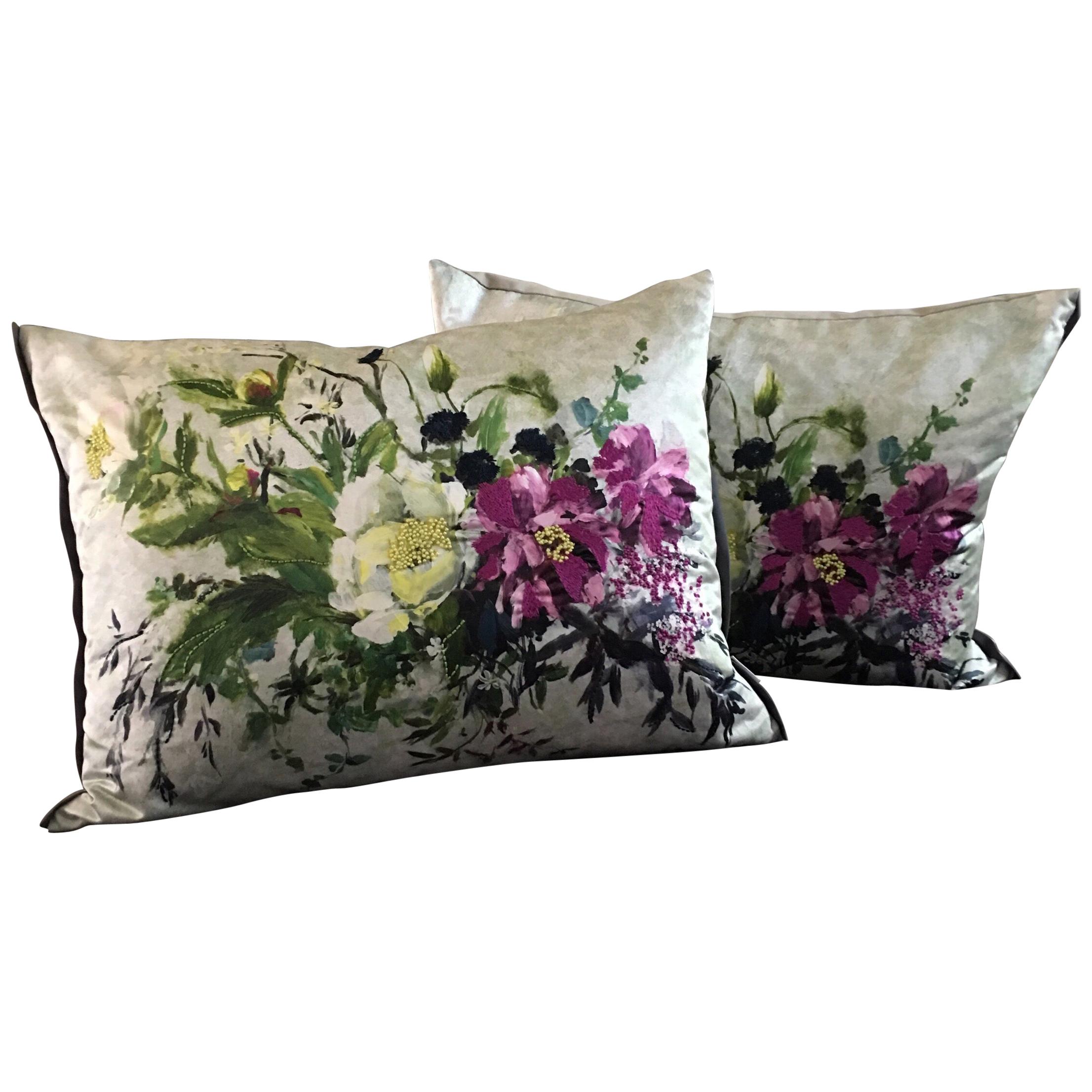 Pair of Embroidered Floral Sateen Throw Pillows by Designer’s Guild at ...