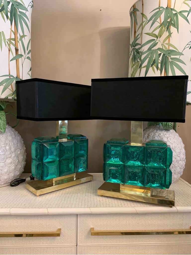 Pair of Emerald Green Murano Glass Jewel Table Lamps, 1980s at 1stDibs