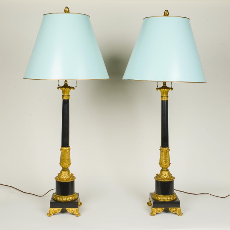 Pair of Empire Style Black Stone and Ormolu Lamps For Sale at 1stDibs