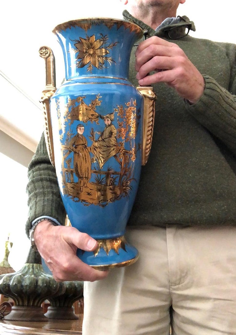 Pair of Empire Style Cerulean-Glazed Porcelain Vases with Chinoiserie ...