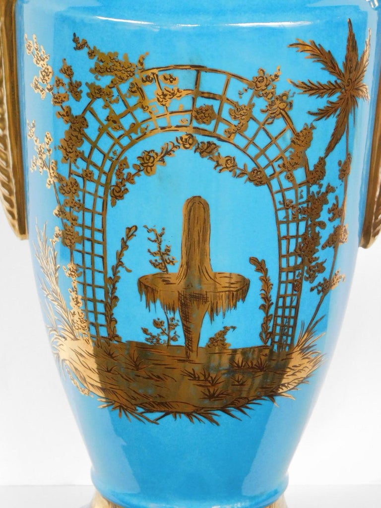 Pair of Empire Style Cerulean-Glazed Porcelain Vases with Chinoiserie ...